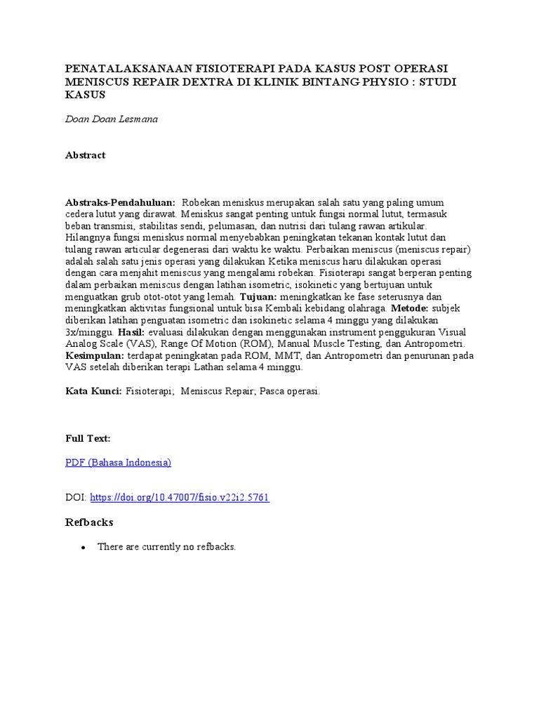 Penatalaksanaan Fisioterapi Pada Kasus Post Operasi Meniscus Repair Dextra Di Klinik Bintang ...