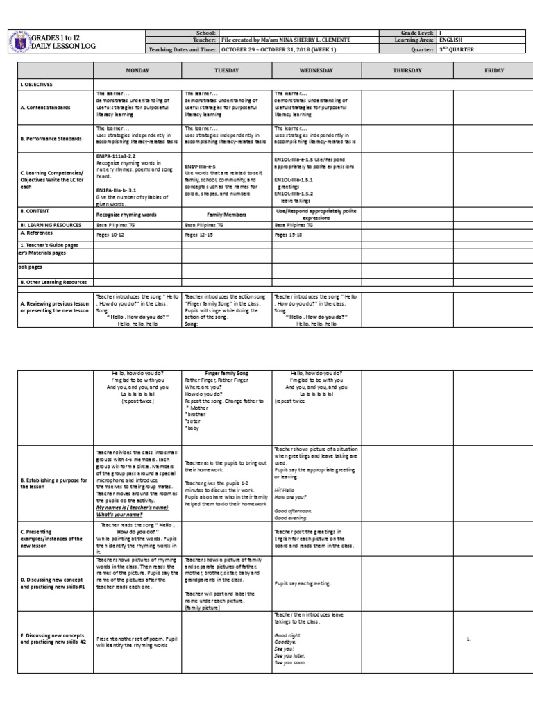 DLL - English 1 - Q3 - W1 | PDF | Learning | Teachers