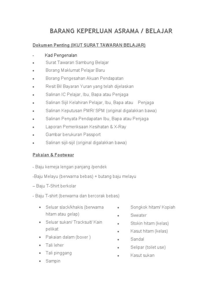 Senarai Keperluan Asrama Lelaki | PDF