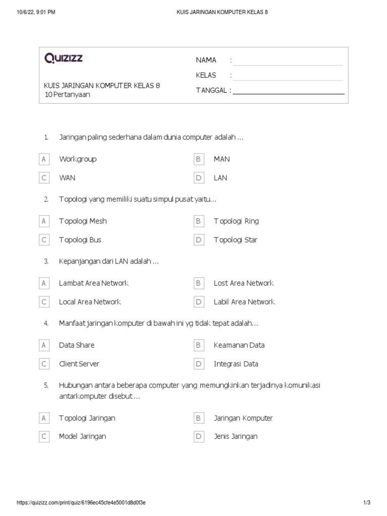 Kuis Jaringan Komputer Kelas 8 | PDF