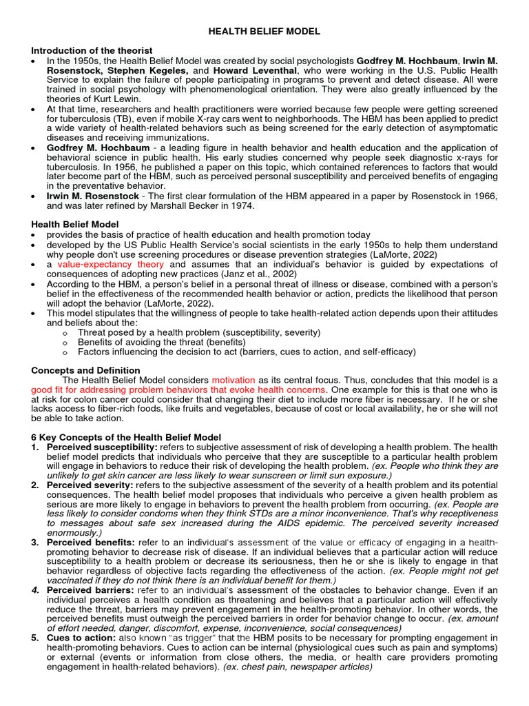 Health Belief Model Handout | PDF | Cognition | Behavioural Sciences