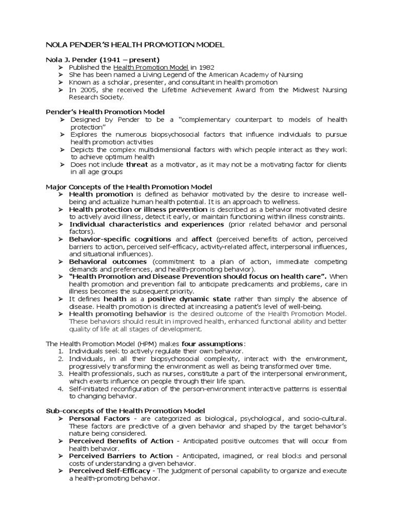 Penders Health Promotion Model | PDF | Behavior | Self Efficacy