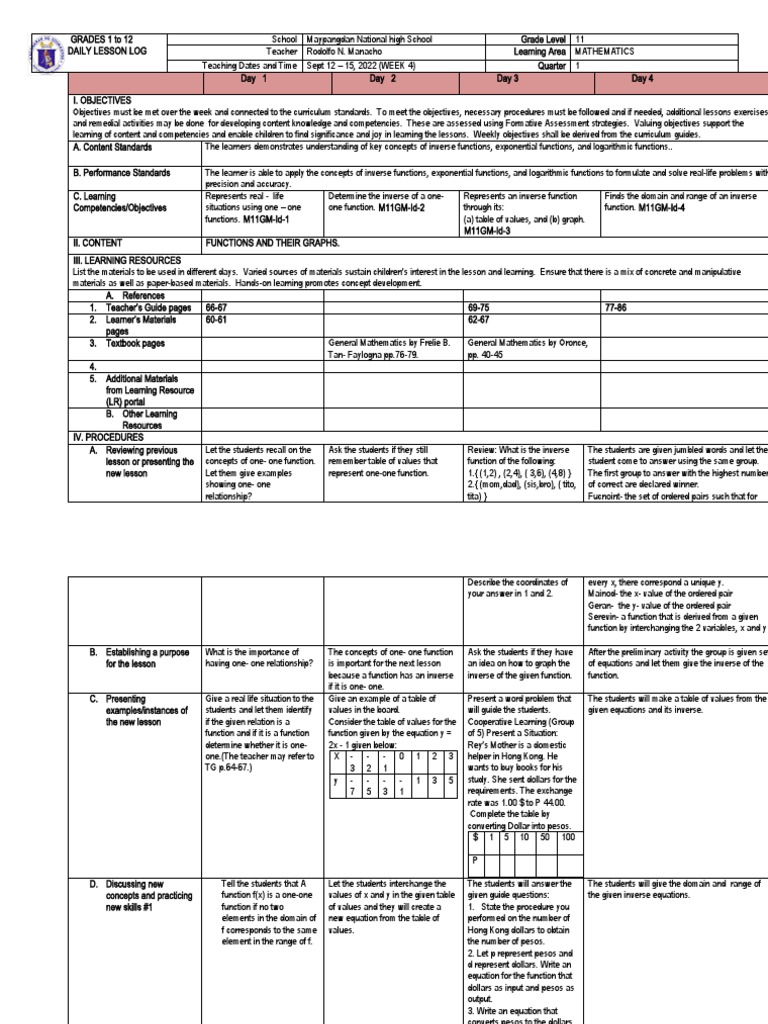 DLL Gen Math Week 4 | PDF | Function (Mathematics) | Mathematical Concepts