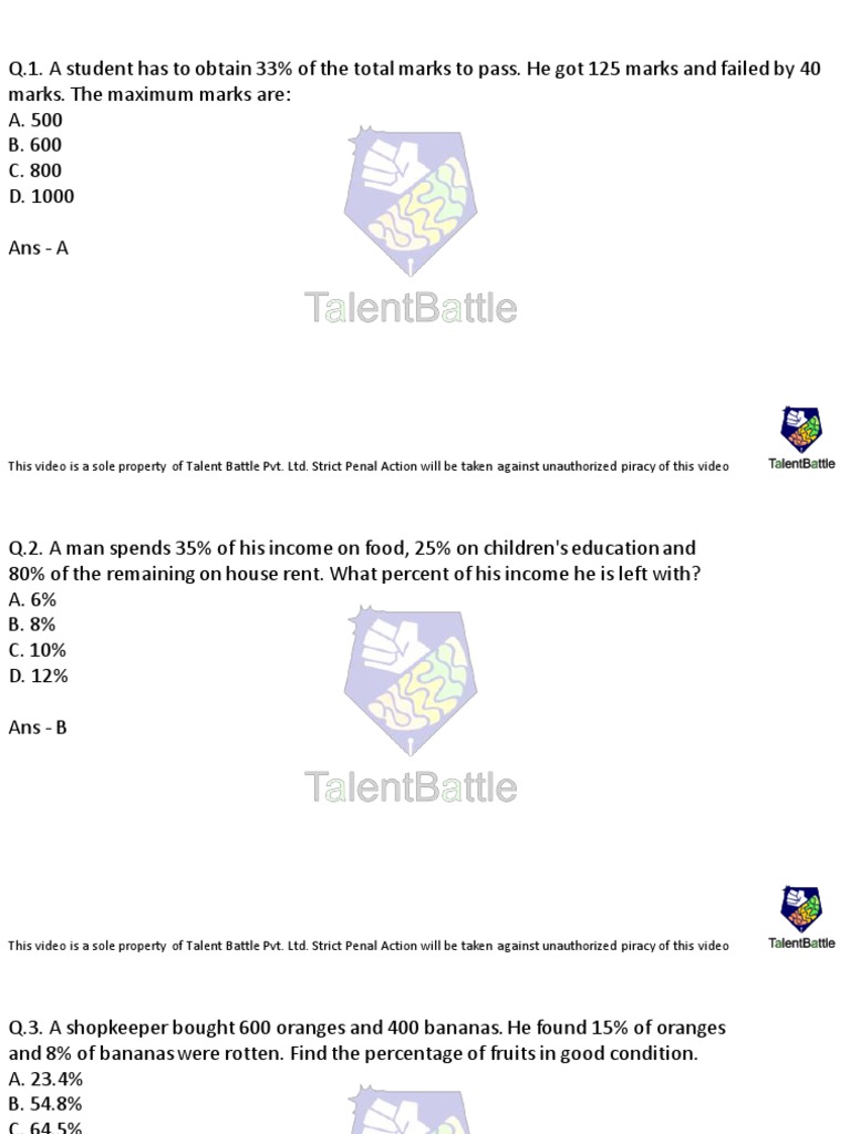 Practice Questions On Percentage | PDF | Copyright Infringement | Economies