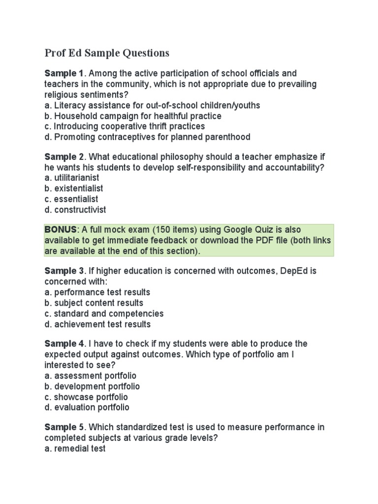 Prof Ed Sample Questions | PDF