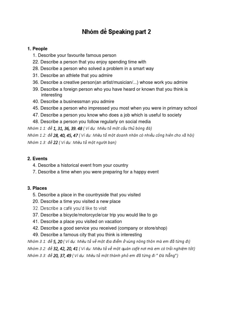 Nhóm đề Speaking part 2 | PDF
