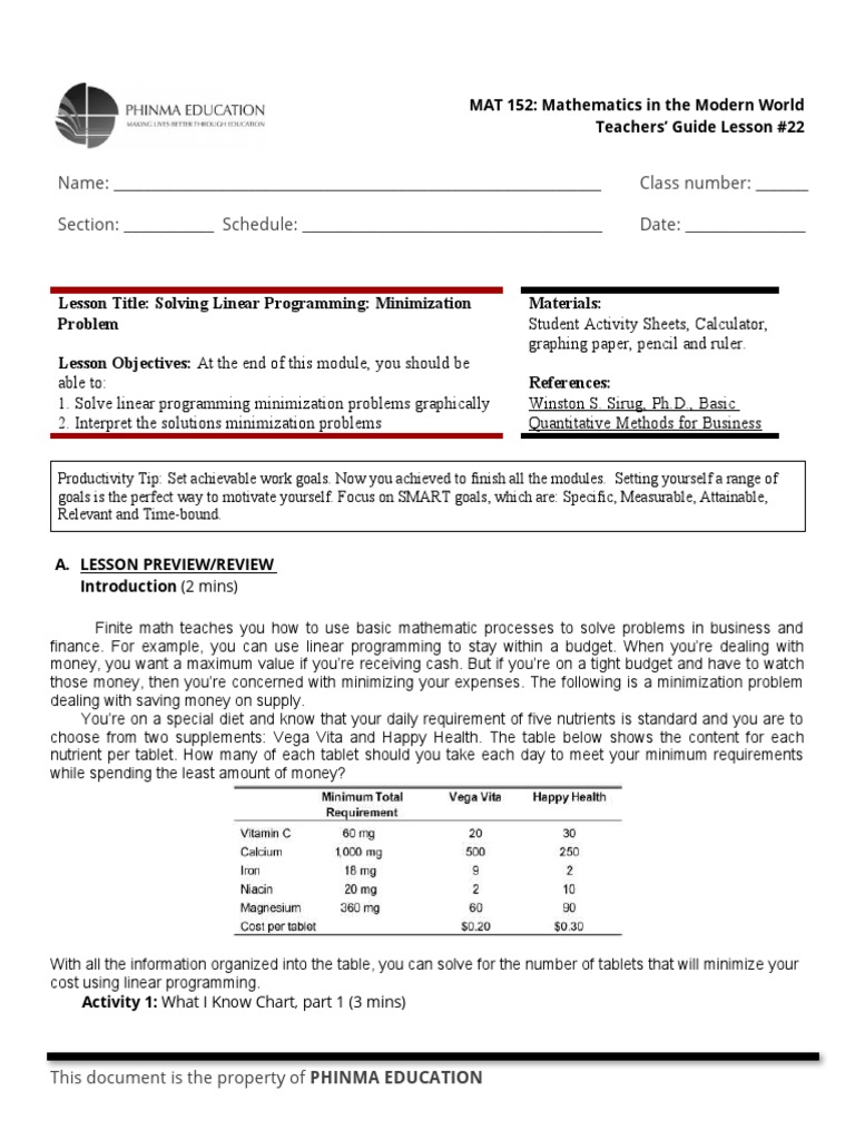 TG25 MAT 152 LESSON 22a Minimization | PDF | Linear Programming ...