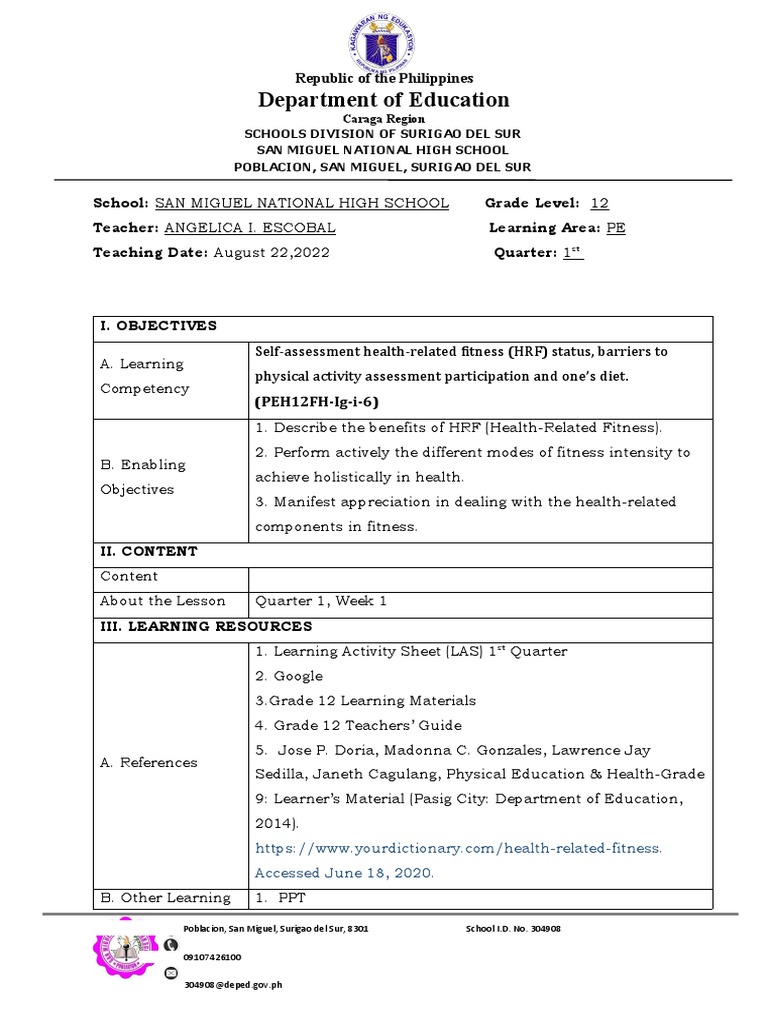 Lesson Plan in PE 12 | PDF | Physical Fitness | Cognition