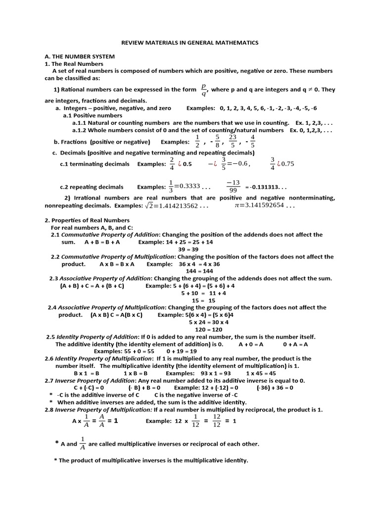 Reviewer Materials - Gen Math | PDF | Subtraction | Multiplication