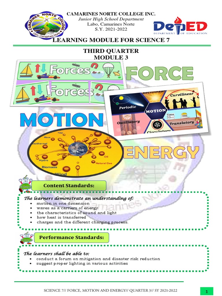 Science 7 Module Q3 Sy 2021-22 | PDF | Force | Velocity
