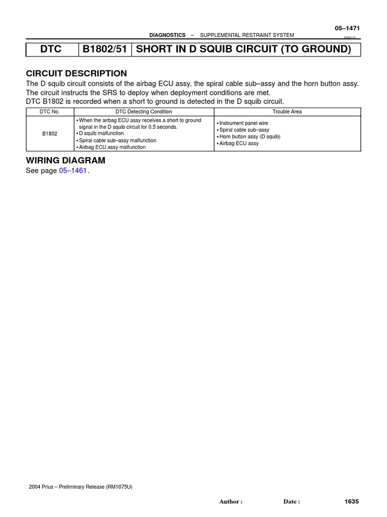 DTC B1802/51 Short in D Squib Circuit (To Ground) | PDF | Airbag ...