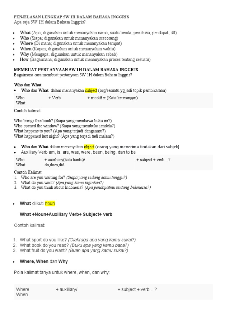 Penjelasan Lengkap 5W 1H Dalam Bahasa Inggris | PDF