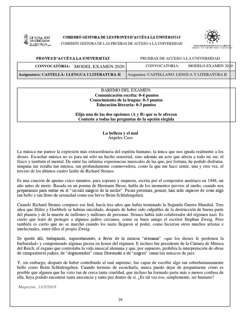 Modelo Examen Castellano PAU 2020 | PDF | Oración (Lingüística) | Palabra
