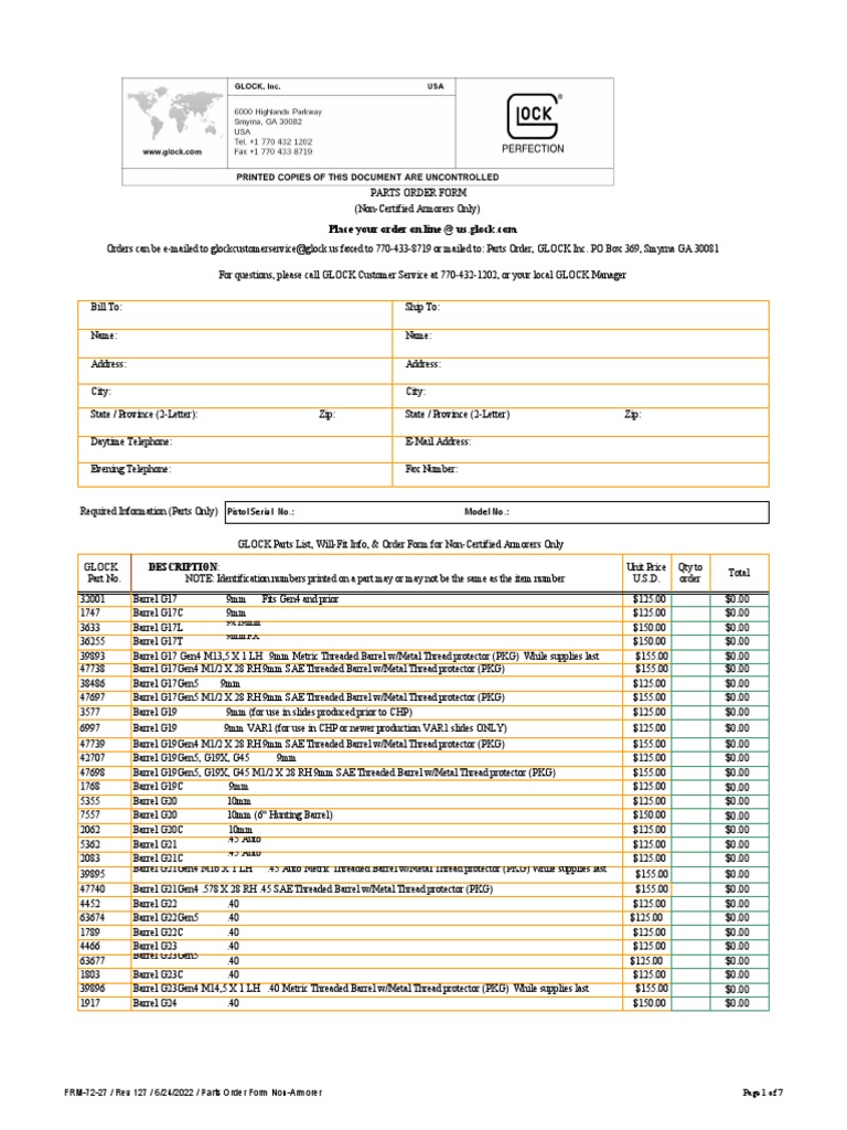 Glock Non-Armorer Parts Order Form | PDF | Tools | Firearms