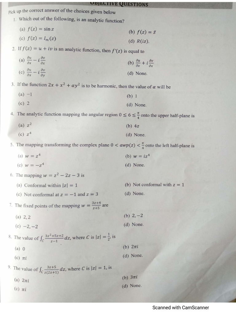 MCQ's On Calculus Complex Function With Ans | PDF