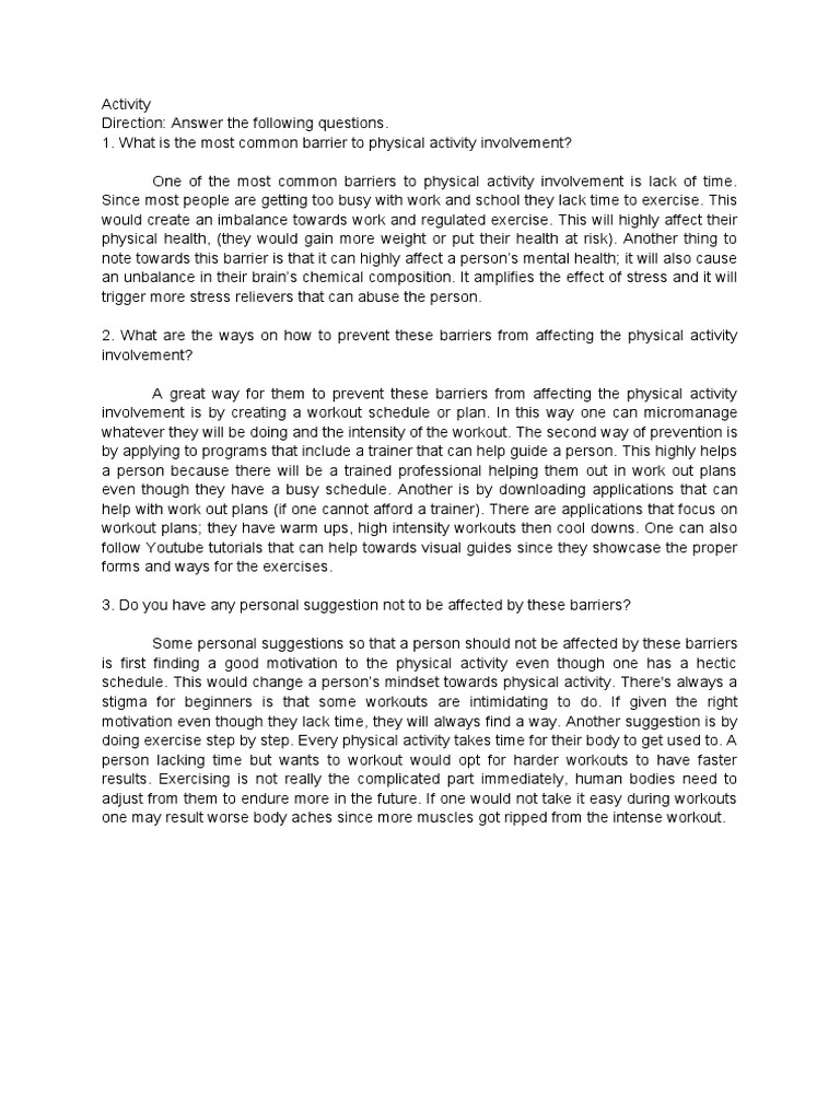 Physical Activity Involvement Questions | PDF | Health Care ...