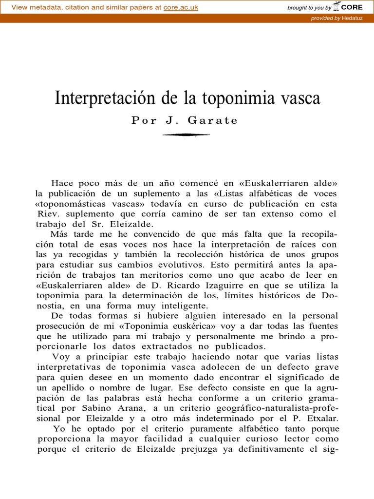 Interpretación de La Toponimia Vasca: Por J. Garate | PDF | Vascos | España