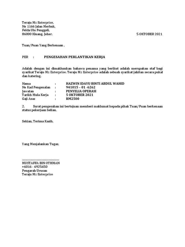 Surat Pengesahan Kerja | PDF