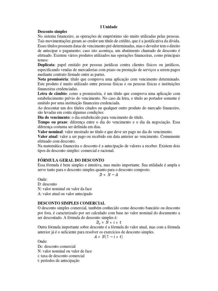 Descontos Simples - I Unidade | PDF | Desconto | Crédito
