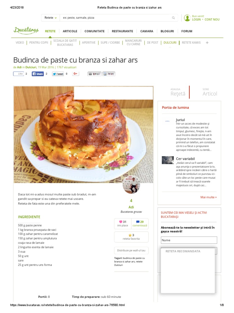 Budinca de Paste Cu Branza Si Zahar Ars | PDF