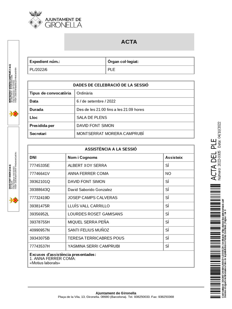 Acta - ACTA DEL PLE 2022-0005 (PLE 2022-09-06) | PDF