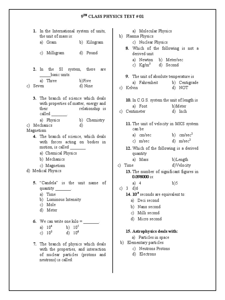 9th Class Physics Test | Download Free PDF | Physics | Kilogram
