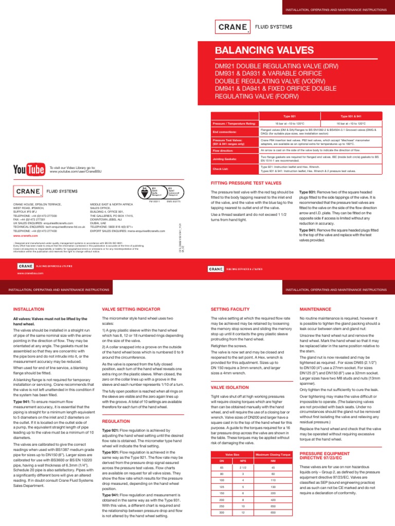 DM921 931 941 Crane+FS IOM 1121 | PDF | Valve | Pipe (Fluid Conveyance)
