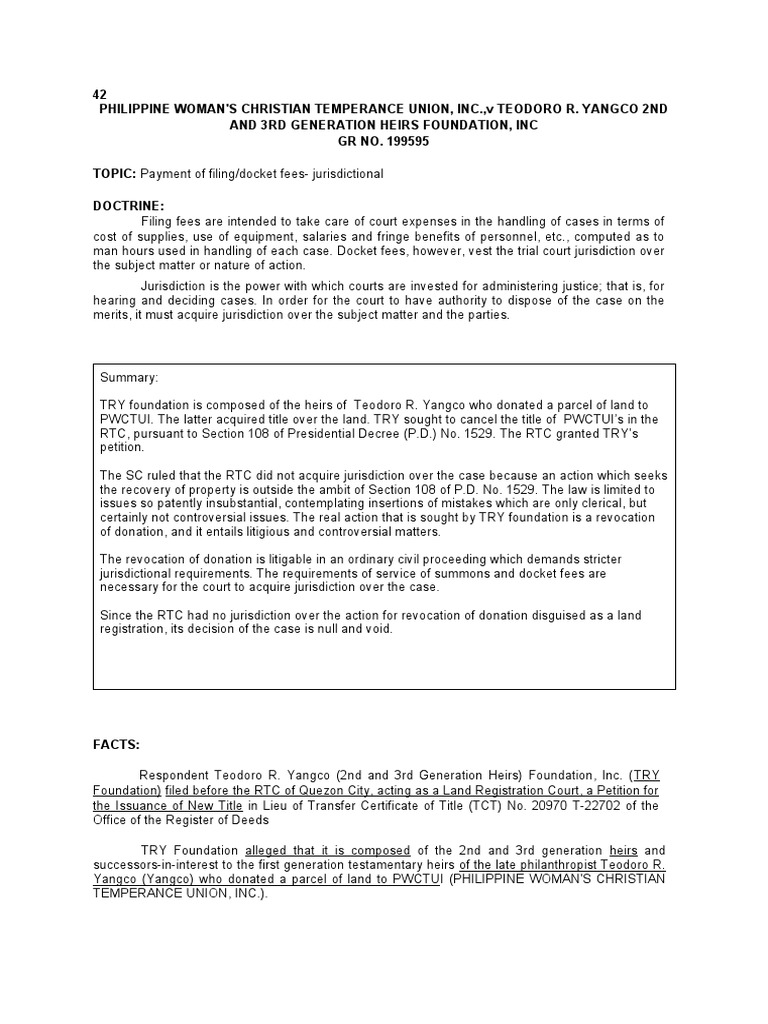 Philippine Woman's Christian Temperance Union, Inc.,V Teodoro R. Yangco ...