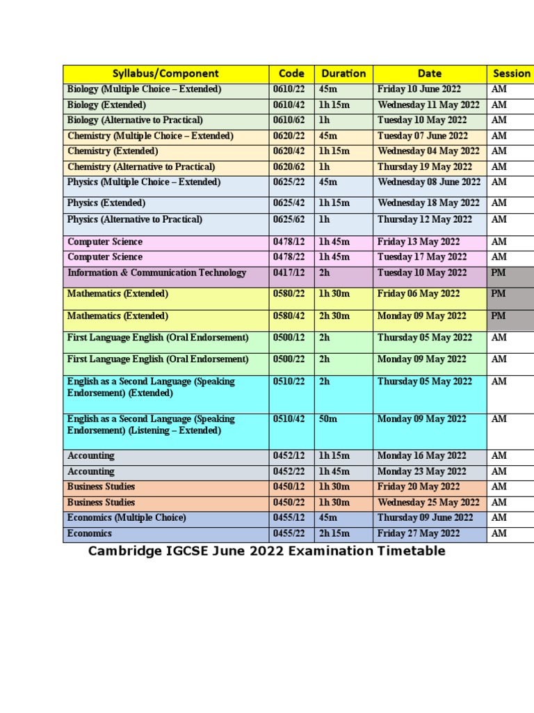 Cambridge IGCSE June 2022 Exam Schedule | PDF