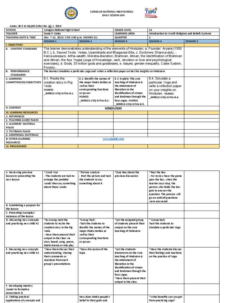 Hinduism Lesson Plan for Grade 11 | PDF