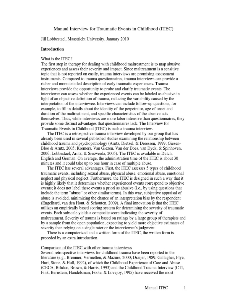ITEC Manual Jan 2010 | PDF | Psychological Trauma | Validity (Statistics)
