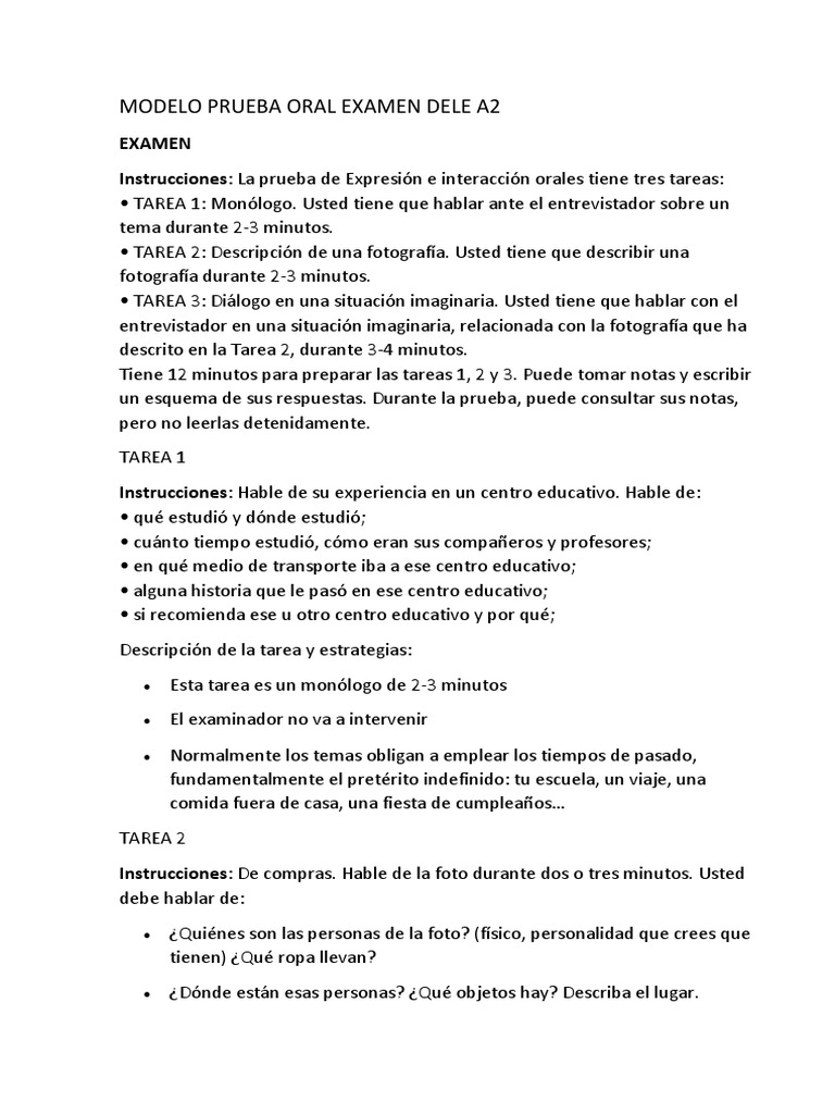 Modelo Prueba Oral Examen Dele A2 | PDF