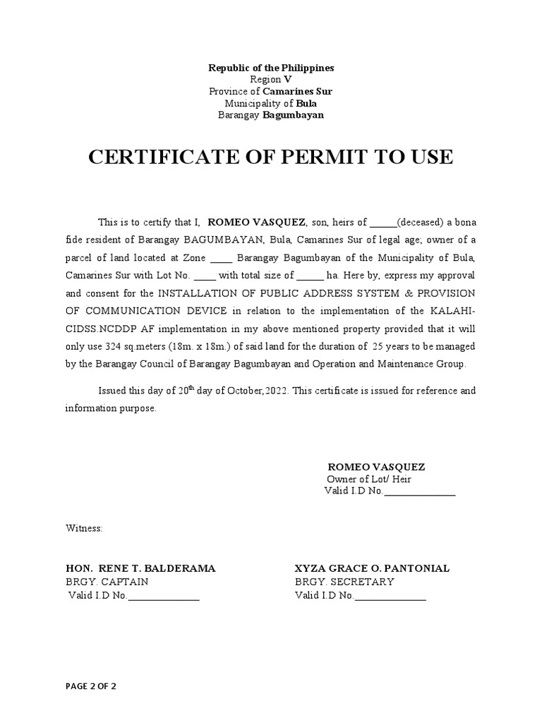 Certificate of Permit to Use Land for Public Address System ...