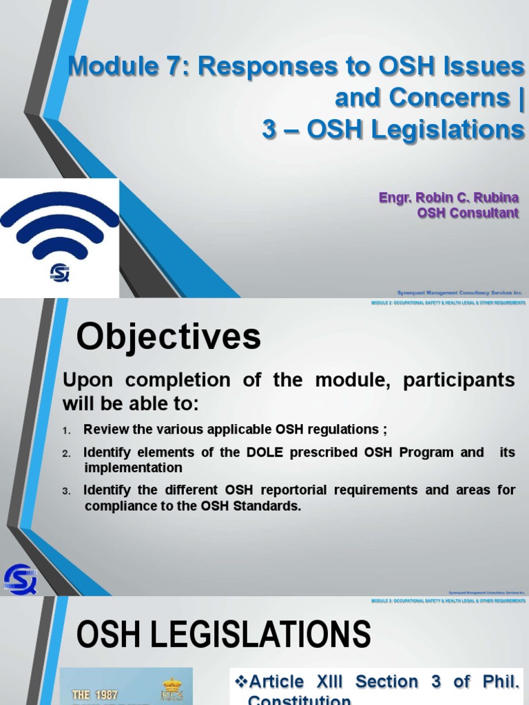 COSH Module 7 - 3 OSH Legislations (Synerquest) - Compressed | PDF ...