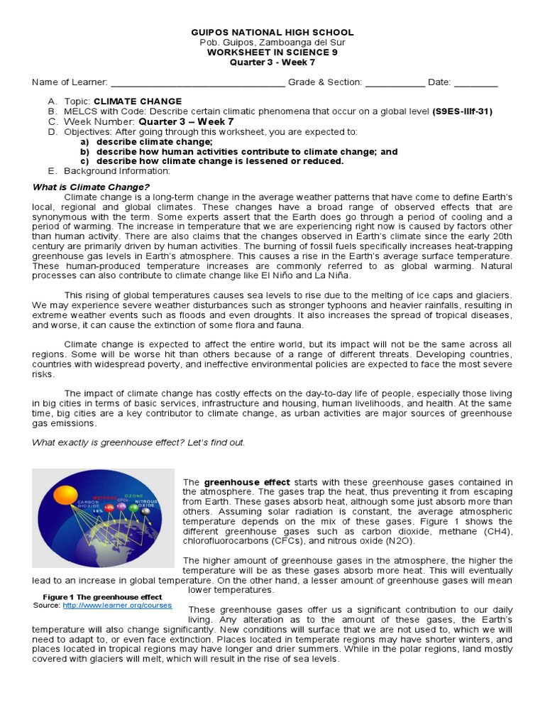 Science 9 Worksheet Week 7 | PDF | Greenhouse Effect | Climate Change