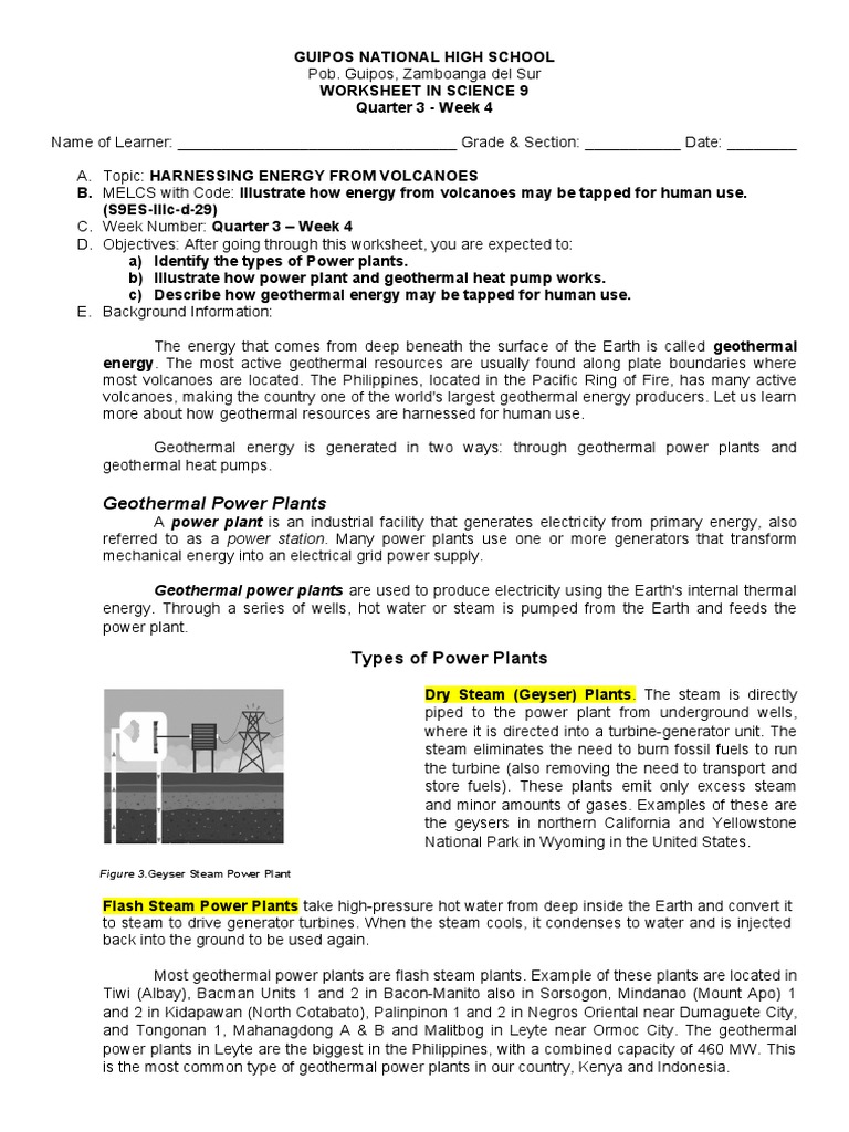 Science 9 Worksheet Week 4 | PDF | Power Station | Geothermal Energy