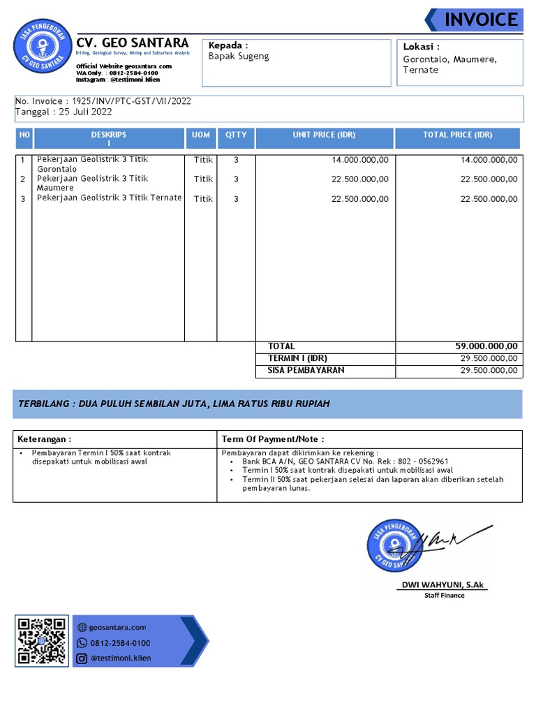 1925 INVOICE TERMIN I CV GEO SANTARA JASA GEOLISTRIK Pak Sugeng Gorontalo, Maumere, Ternate | PDF