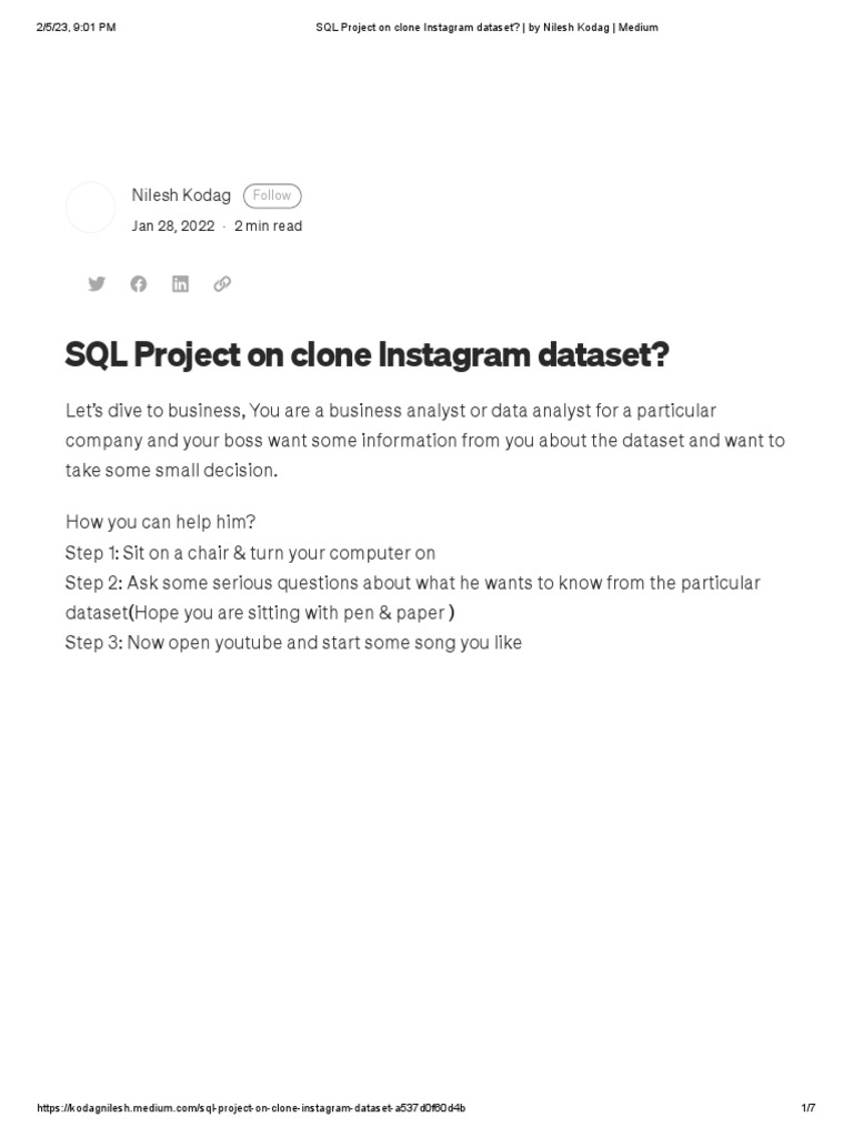 SQL Project On Clone Instagram Dataset - by Nilesh Kodag - Medium | PDF | Software | Computing