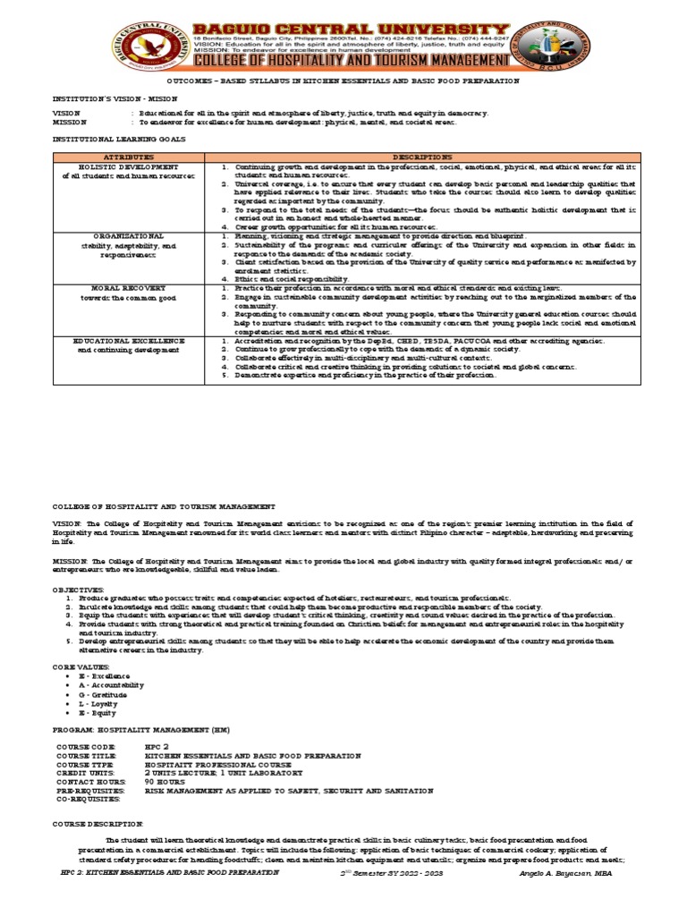 Syllabus - Kitchen Essentials and Basic Food Prep - New Format | PDF ...