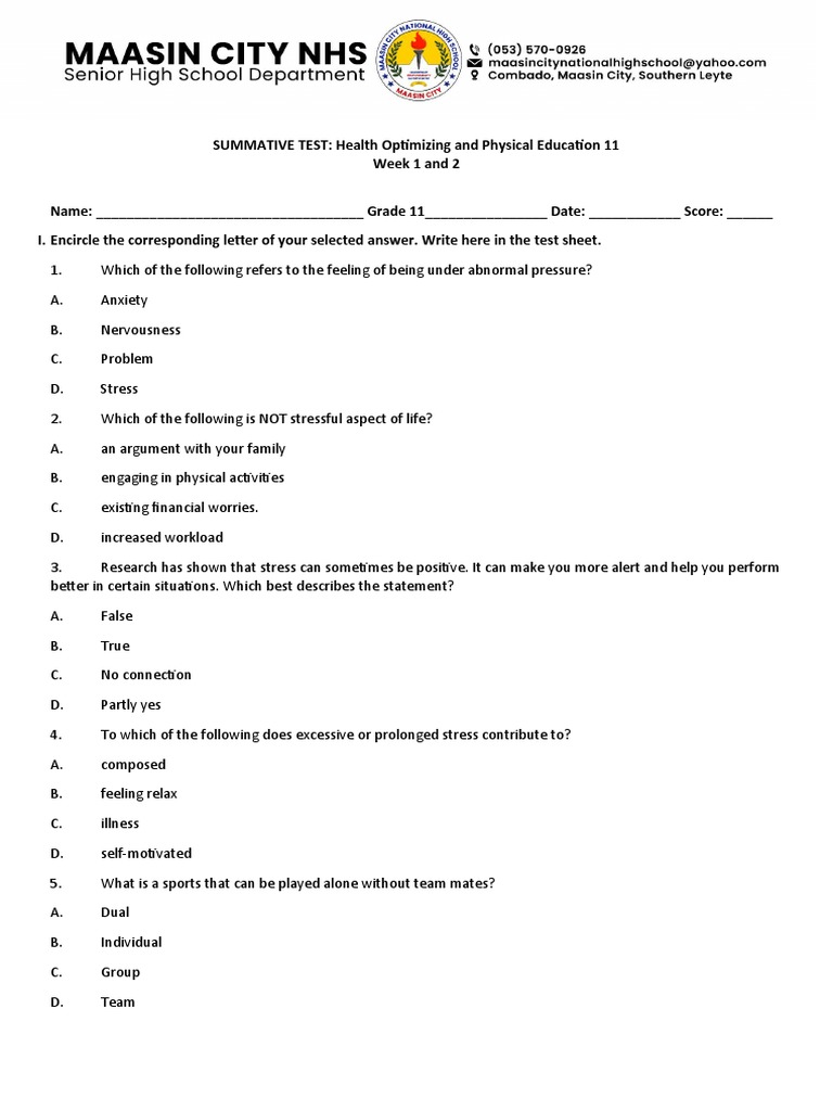 SUMMATIVE TEST Hope Week1&2 | PDF | Stress (Biology) | Anxiety