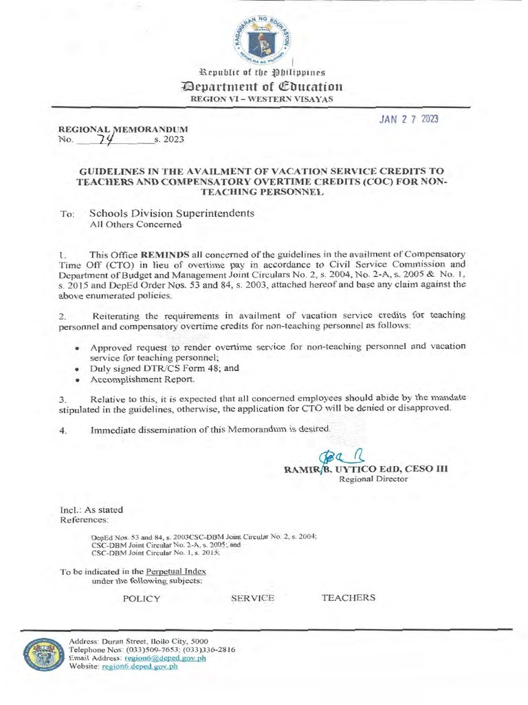 RM No. 074, S. 2023 - Guidelines in The Availment of Vacation Service ...