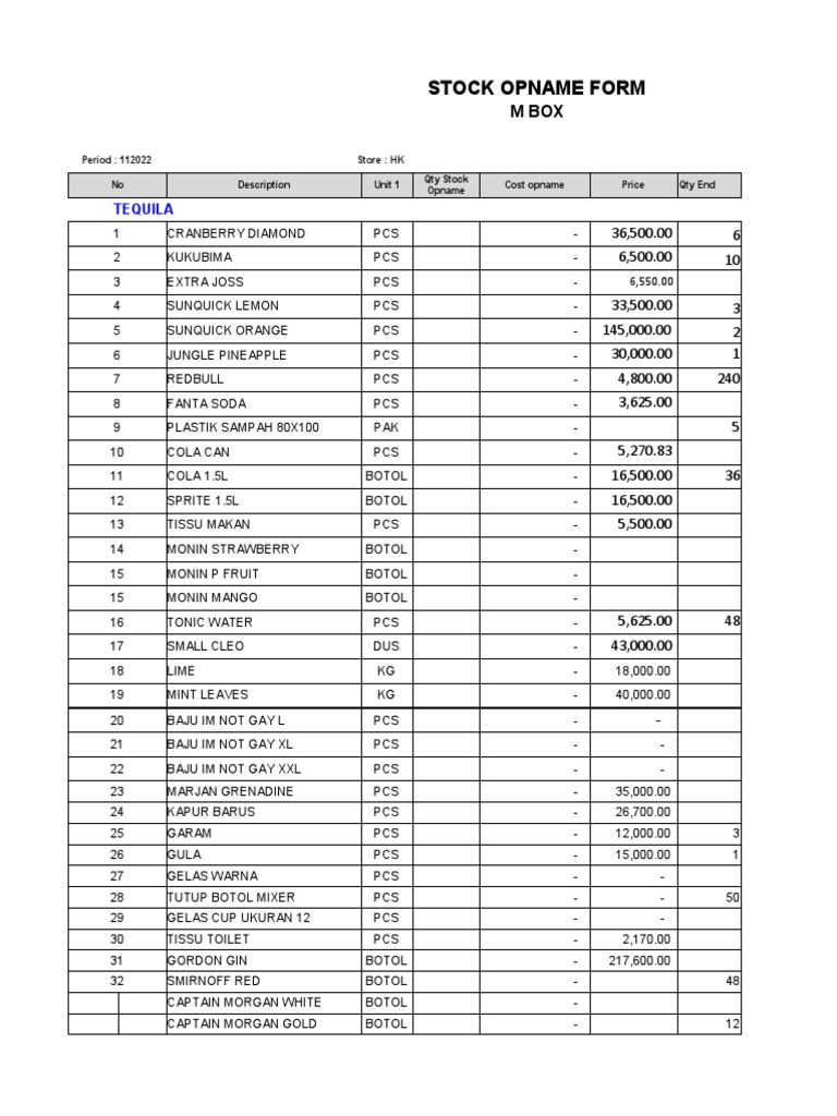 Logistic-Stock Opname TEQUILA | PDF | Mixed Drinks | Alcoholic Drinks