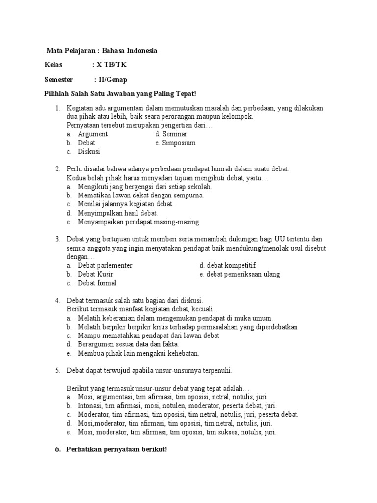 Soal Mata Pelajaran Bahasa Indonesia Kelas X Semester 2 | PDF