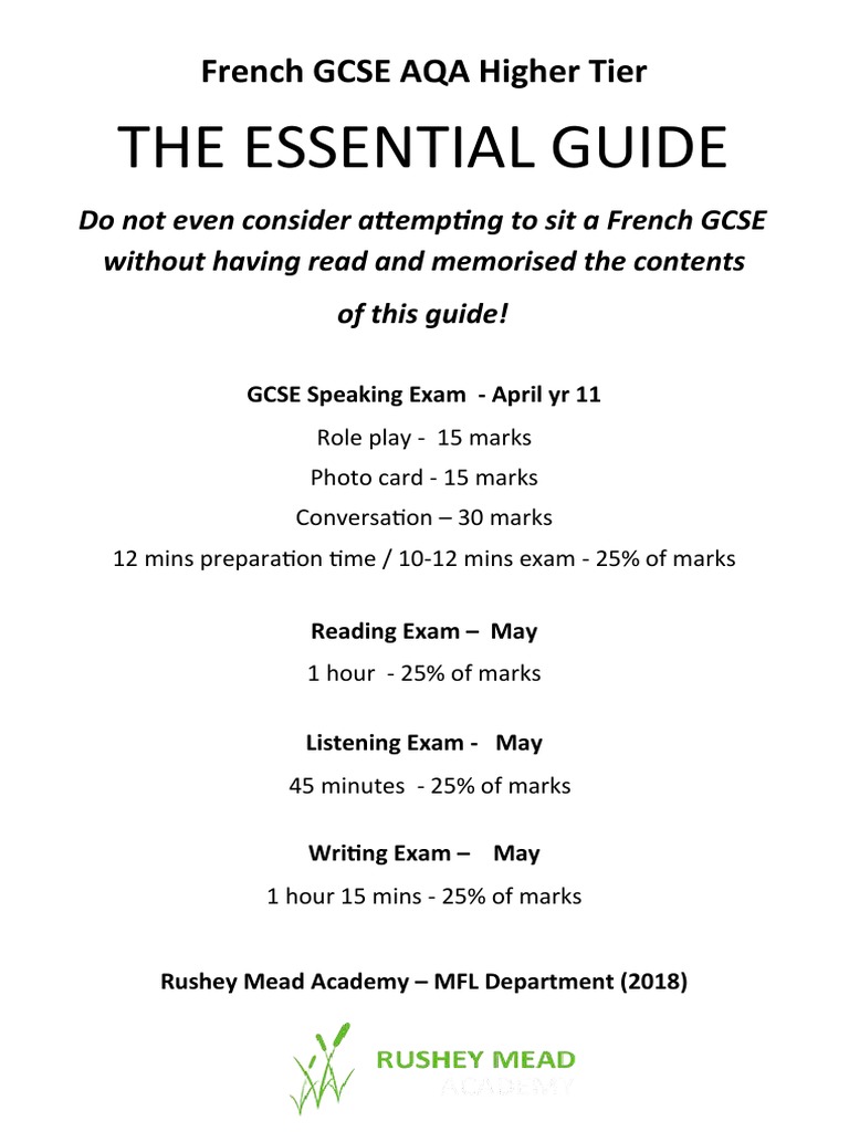 AQA French GCSE Higher Exam Guide | PDF | Question | Grammatical Tense