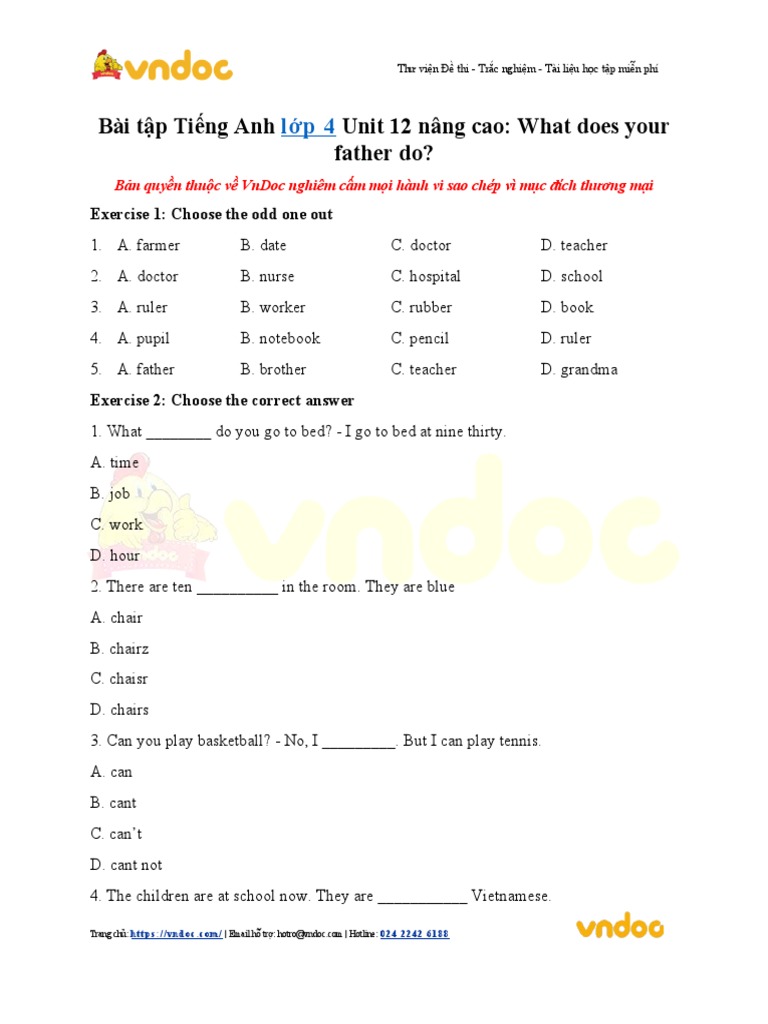 Bai Tap Tieng Anh Lop 4 Unit 12 Nang Cao What Does Your Father Do | PDF | Domestic Life | Room