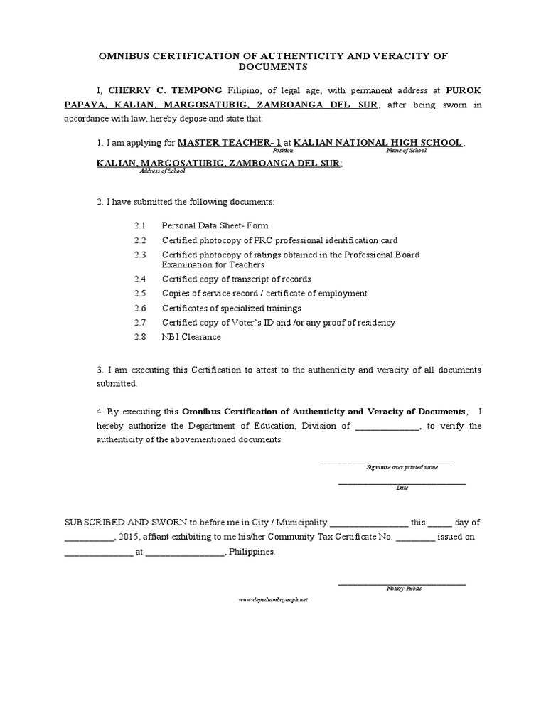 Omnibus Certification of Authenticity and Veracity of Documents v3 | PDF | Authentication | Document