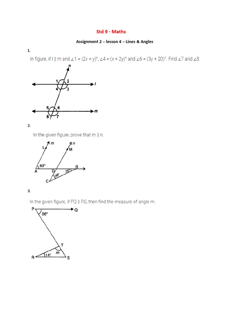 STD 9 - Maths: Assignment 2 - Lesson 4 - Lines & Angles | PDF