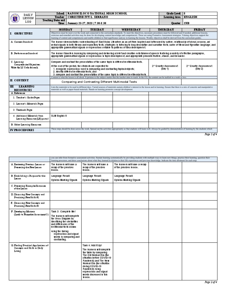 DLL Eng 8 Quarter 2 Week 10 | PDF | Learning | Cognitive Science