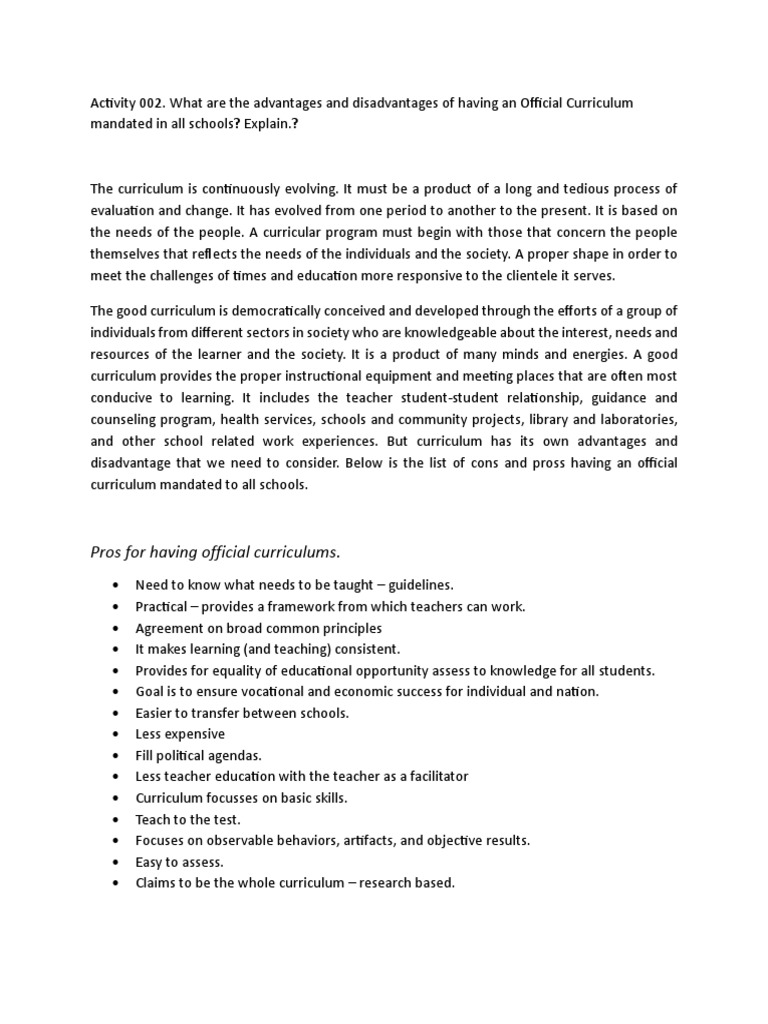 Advantages and disadvantages of official curriculum | PDF | Curriculum ...