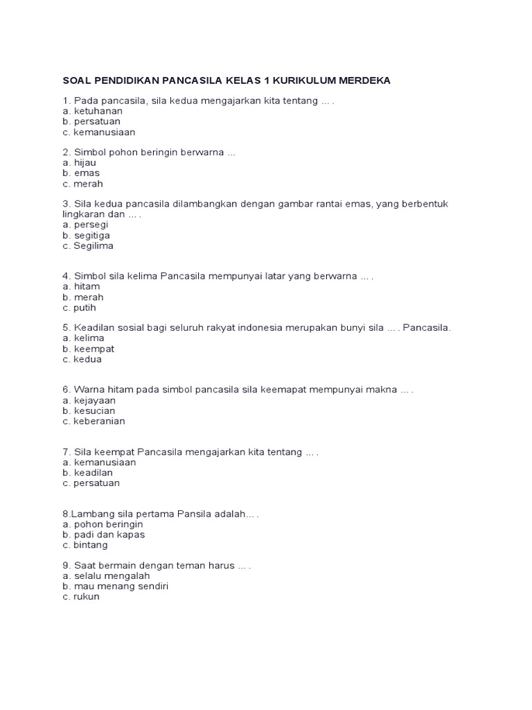 Soal Pendidikan Pancasila Kelas 1 Kurikulum Merdeka | PDF